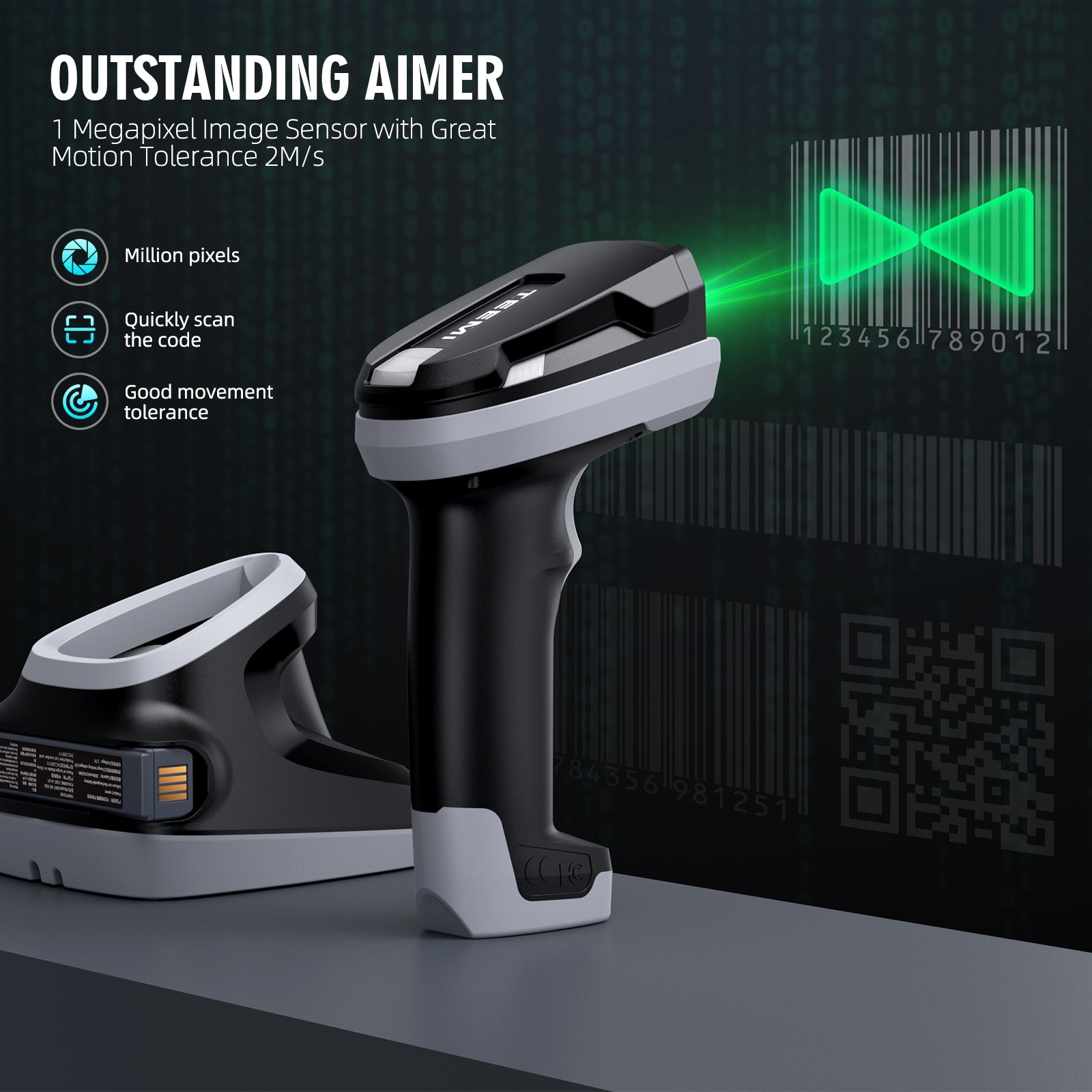 TEEMI TMSL-59CR 1D 2D Bluetooth Barcode Scanner with USB Cradle and On ...