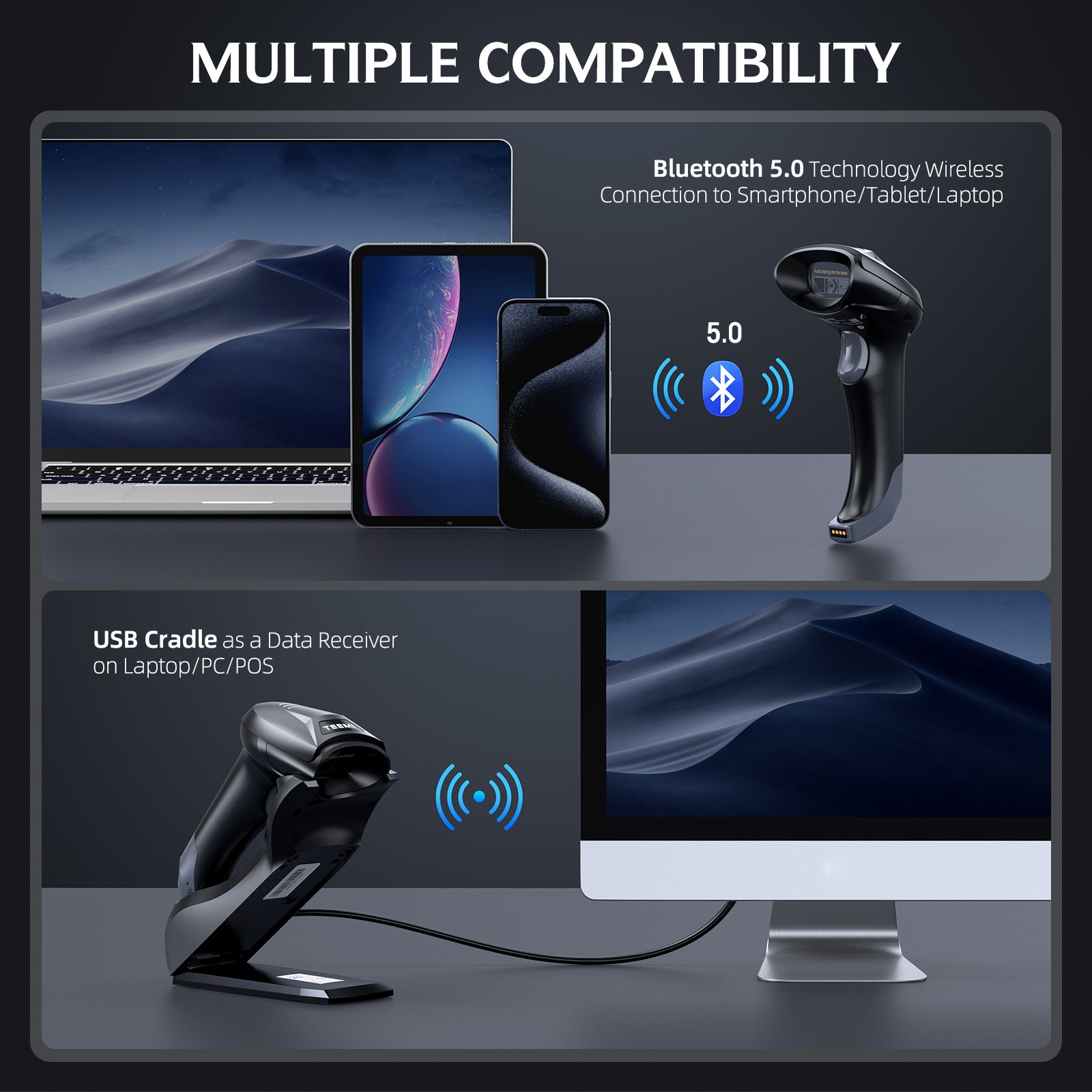 TEEMI TMSL-56CR QR Bluetooth 5.0 Barcode Scanner with Wall Mountable U ...