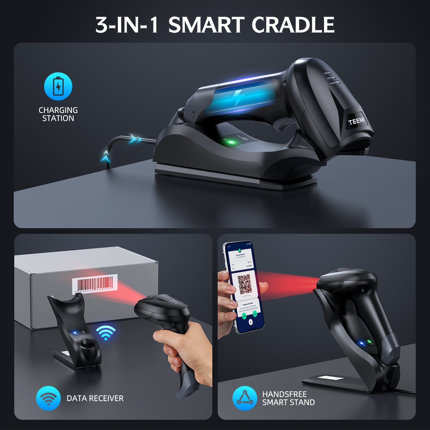 TEEMI TMSL-56CR QR Bluetooth 5.0 Barcode Scanner with Wall Mountable U ...