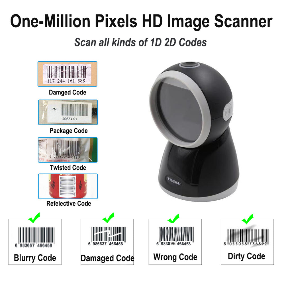 TEEMI TMSL-70 1D 2D Handsfree Presentation Barcode Scanner, One Megapi ...